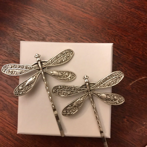 Antique Silver Plated Set of 2 Dragonfly Bobby Pins, Dragonfly Hair ...