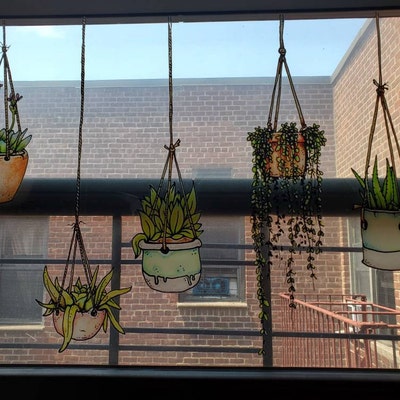 Illustrated Hanging Plants Window Stickers Reusable No Adhesive Double ...
