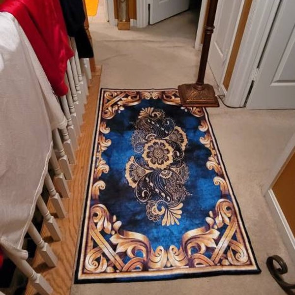 Blue and Gold Oriental Pattern Rug, Damask Design Modern Rug, Ethnic ...