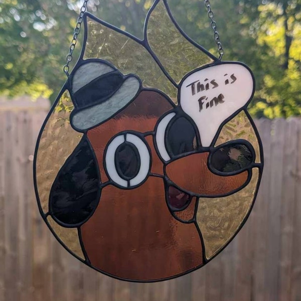 This is Fine, World on Fire Dog, Meme Humor Stained Glass Pattern ...