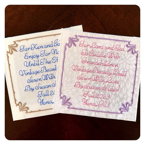 A Very Special Quilted Point Squares Custom Embroidered Quilt Label ...