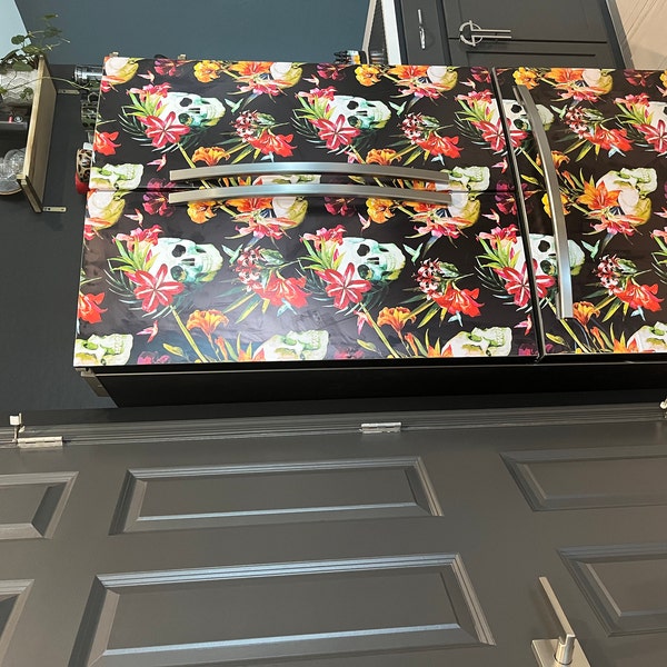 Gothic Refrigerator Wrap Side by Side, Vinyl Skull Black Tropical ...