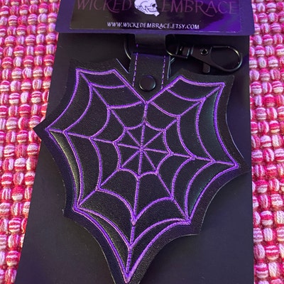 Spider Web Heart Embroidered Faux Leather Keychain - Etsy