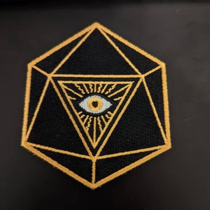 D20 All-seeing Eye Patch Embroidered Iron-on Dice Patch Black and Gold ...