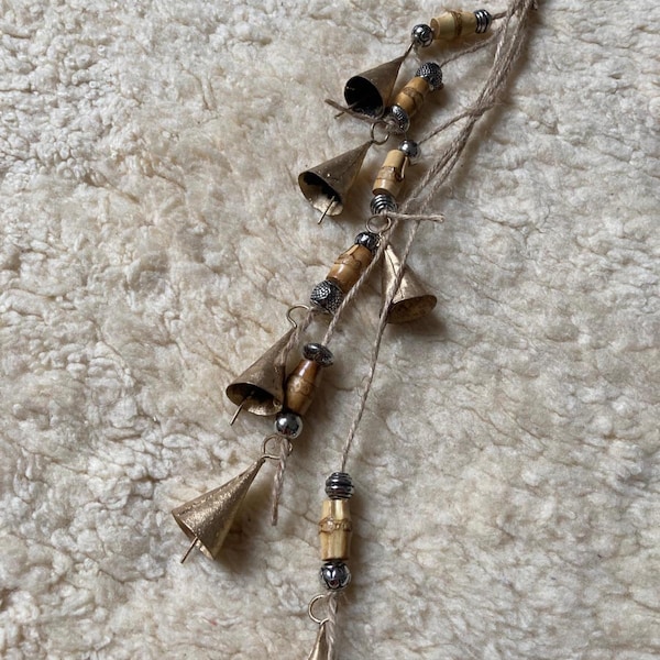 Bells on String With BLUE Ceramic Beads, Rustic Windchime, Vintage Cow ...