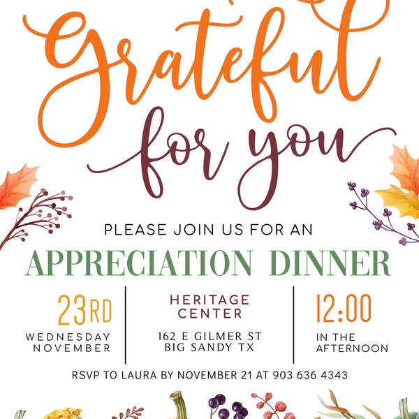 Fall Appreciation Invitation Grateful for You Teacher Staff Invitation ...