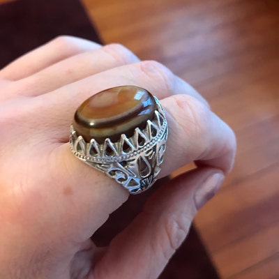 ORANGE YELLOW Yemeni Aqeeq Silver Ring Handmade Sterling Silver Agate ...
