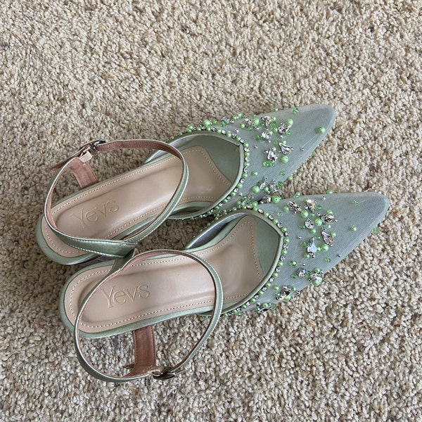 Sage Green Pointed Toe Beaded Party Shoe, Elegant Embroidery Wedding ...