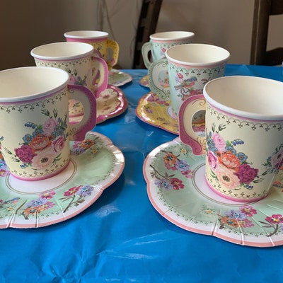 12 Floral Paper Cups Saucers, Afternoon Tea Party Decorations, Party ...
