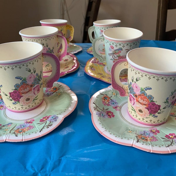 12 Floral Paper Cups Saucers, Afternoon Tea Party Decorations, Party ...