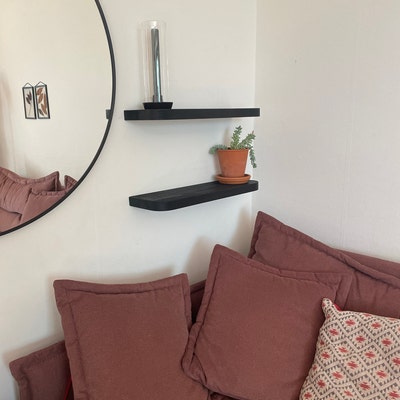 Modern Black Floating Shelf With LED Light, Thick Wall Shelf, Wooden ...