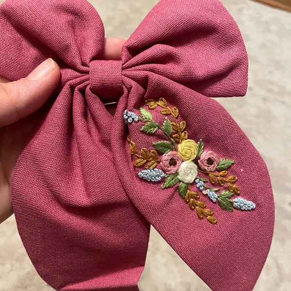 Personalized Flowers Embroidery Hair Bow Clip, Floral Hair Bow Tie for ...