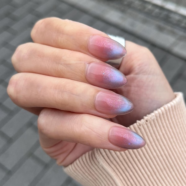 Glittery Pinky Red Blush Blue Cat Eye French Style Reusable Nails ...