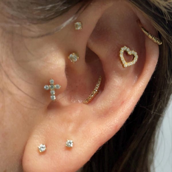14K Solid Gold Tiny Lotus Flower Cartilage Stud Earring CZ Cross Stud ...