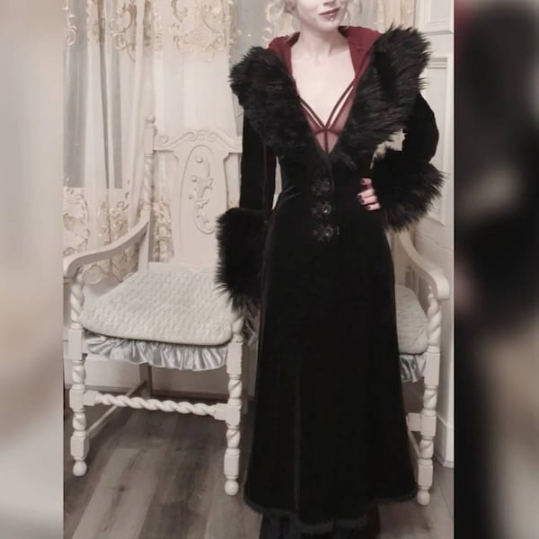 Islington Coat - Red/black - Embossed Velvet Gothic Coat With Faux Fur ...