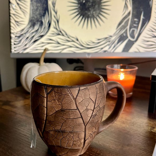 Big Ceramic Coffee Mug With Leaf Impressions || Handmade Pottery Mugs ...
