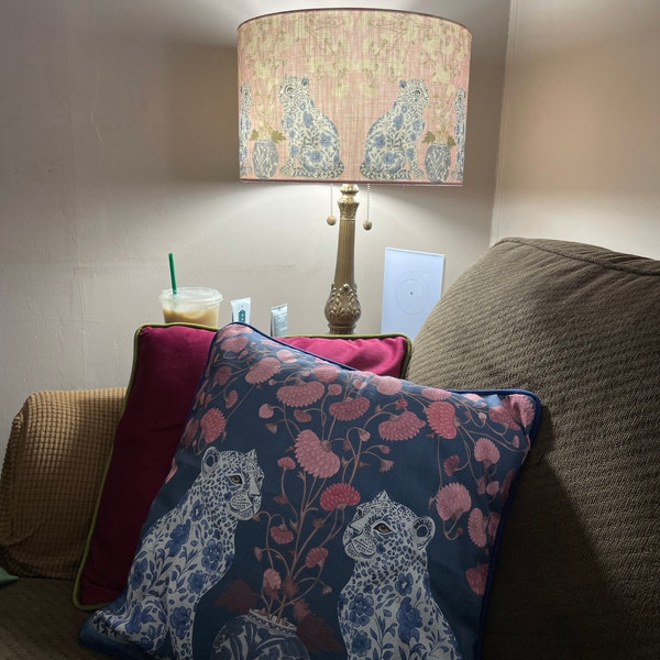 Pink and Blue Chinese Lamp Shade With Chinoiserie Leopards, Bold and ...