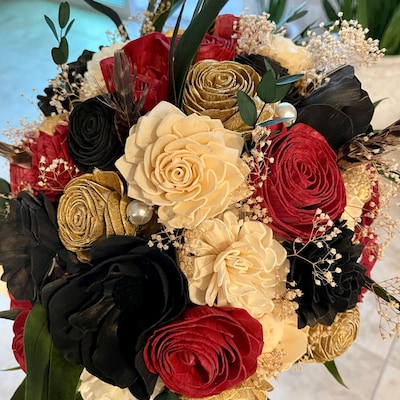 Wine, Black, and Gold Wood Flower Bouquet With Moody Tones and Pheasant ...