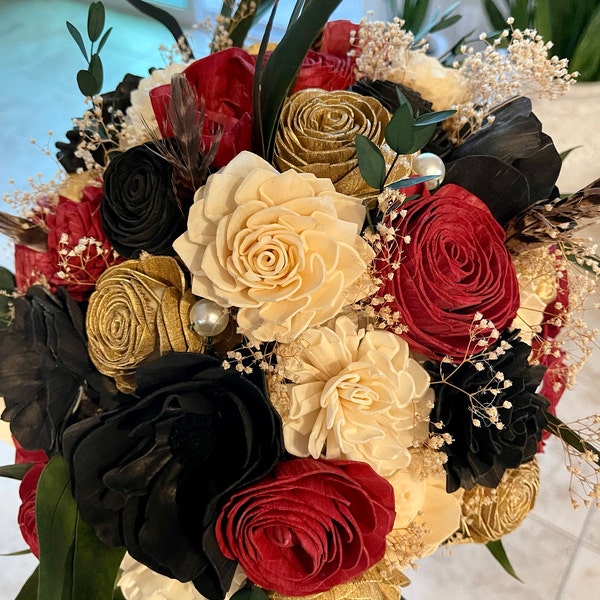 Wine, Black, and Gold Wood Flower Bouquet With Moody Tones and Pheasant ...