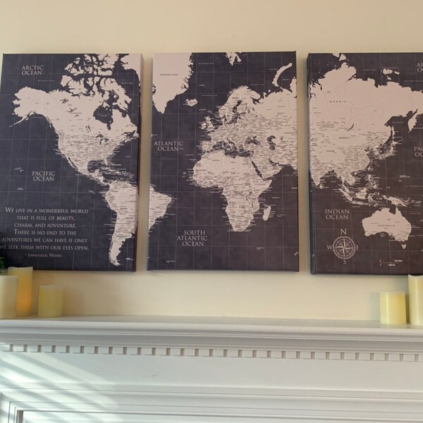 Grey Push Pin World Travel Map - Canvas Art, Custom Push Pin Map, 3 ...