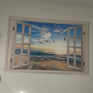 Sunset Beach Wall Decal Window Wall Mural Decor 3D Ocean View Sticker ...