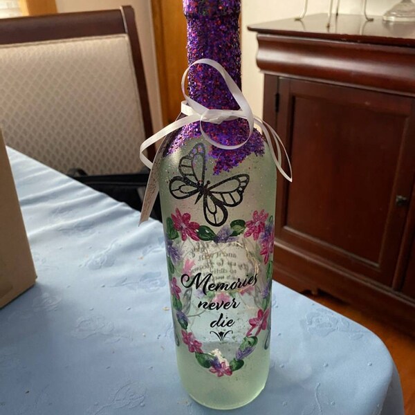 Pink Roses Hand Painted Repurposed Small Wine Bottle With Lights Home ...