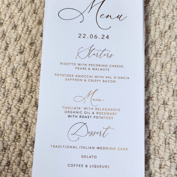 Personalised Rose Gold Menu, Invividual Wedding Guest Menu in Foil ...