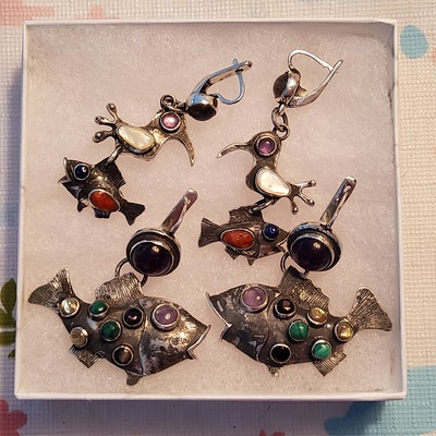 Whimsical Handmade Sterling Silver Fish Earrings With Natural Stones ...