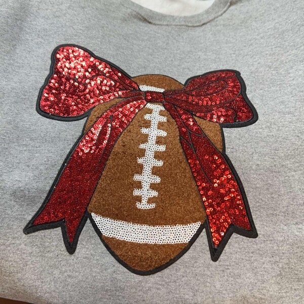 Football With RED Sequin Bow Patch, Custom 10” Football Patch, Game Day Patch, Chenille ...