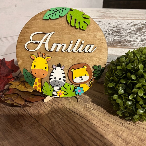 Giraffe Baby Name Sign SVG, Jungle Animals Round Nursery Name Sign ...