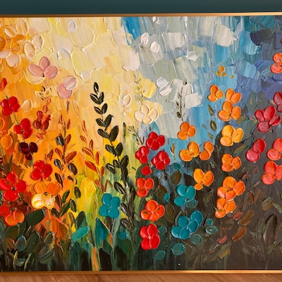Original Flower Painting on Canvas Framed Colorful Textured Wall Art Abstract Floral Art Living ...