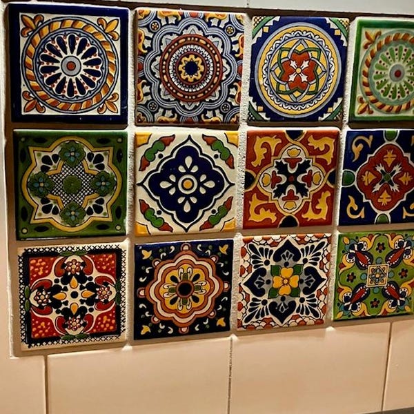 16 Mexican Tiles Hand-painted Talavera Patterns Approx. 10.5x10.5 Cm (4 ...