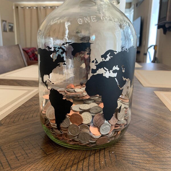 World Map Money Jar Travel Fund - 1 Gallon Glass Jug With World Map in ...