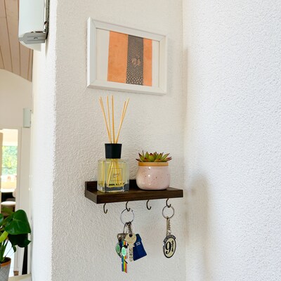 Floating Wooden Shelf With Key Hooks Wall Key Holder Entryway Shelf ...