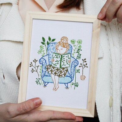 Reading Time Modern Hand Embroidery, Embroidery Kit, Wall Decor, Hand ...