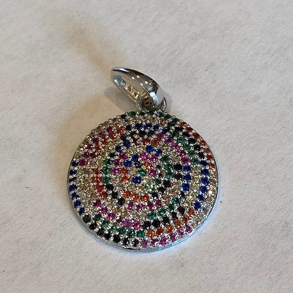 Multicolor Diamond Pave Disc Pendant: Sterling Silver Round Pendant - Etsy