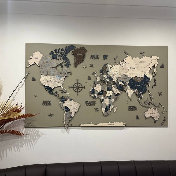 World Map Wall Art Office Decor, 3D Large World Map Couples Travel Gift ...