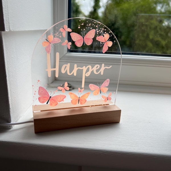 Personalised LED Nursery Lamp, Kids Night Light Gift, Butterfly Light ...