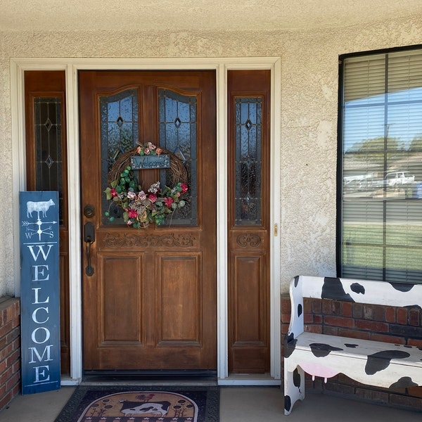 Cow Print Door Leaner, Year Around Front Porch Welcome Sign, Rustic Cow ...