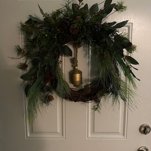 Winter Wreath With Rustic Brass Bell |housewarming Gift | Rustic Style ...