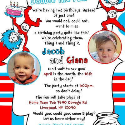 Thing 1 and Thing 2 Digital Birthday Invite - Etsy