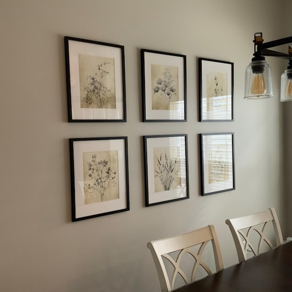 Modern Farmhouse Set of 6 Prints, Black Flowers on Rustic Background ...