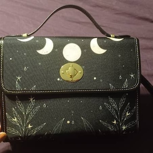 Cottagecore Celestial Moon Black Canvas Satchel Bag, Cute Women Nature ...