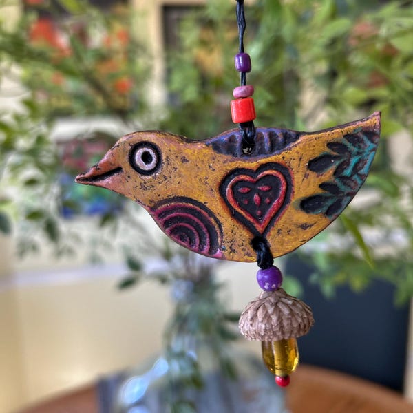 Happy Little Bird With Heart - Love Bird Ornament - Hanging Clay Bird ...