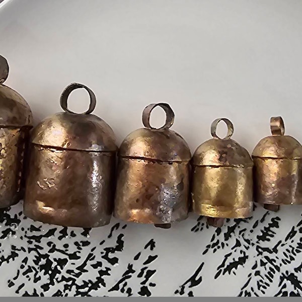 RUSTIC FARMHOUSE BELLS 5 Rough Hewn Gold Bells W/ Wooden Clappers in 6 ...