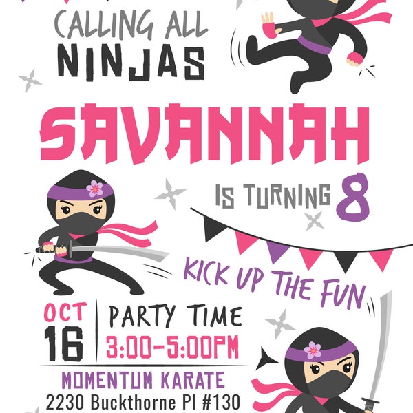 Ninja Girl Birthday Invitation, Ninja Party Printable, Ninja Party ...