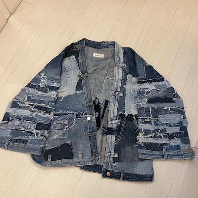 Long Patchwork Jeans Coat, Designer Art Denim Unisex Jacket, Rip Jeans ...