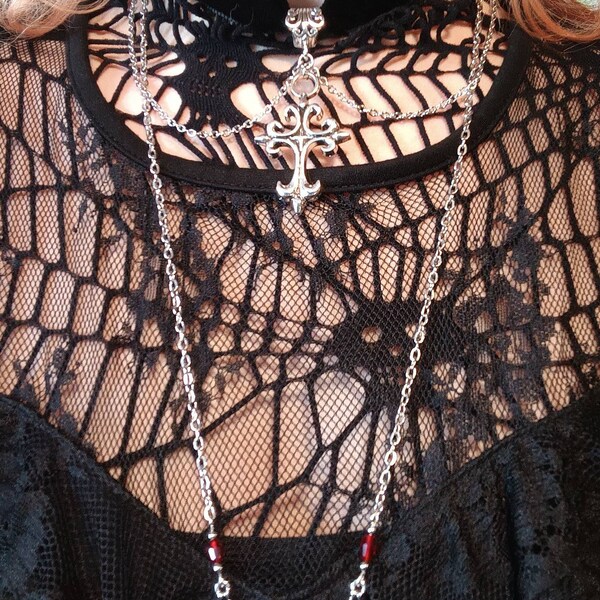 Red & Black Gothic Rosary Necklace Long Gothic Cross Necklace, Beaded ...