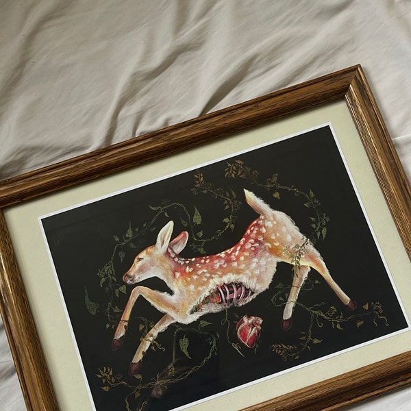 Gothic Fawn With Flowers Handmade Art Print, Deer Oddities ...