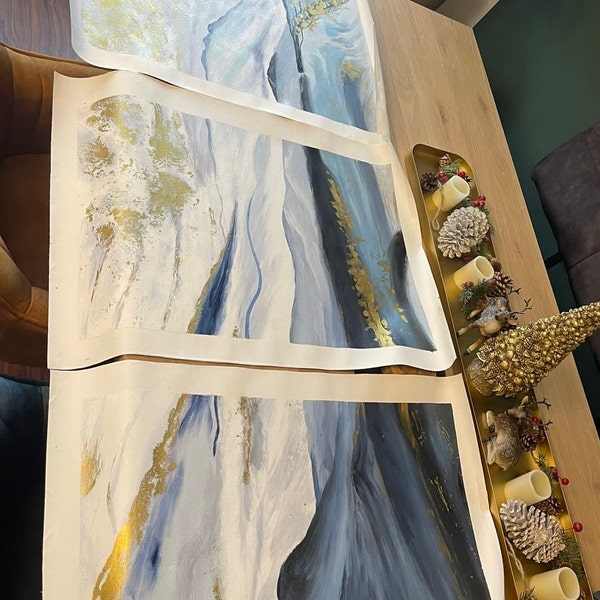 Navy Blue Landscape Painting on Canvas Abstract Mountain Painting Gold ...